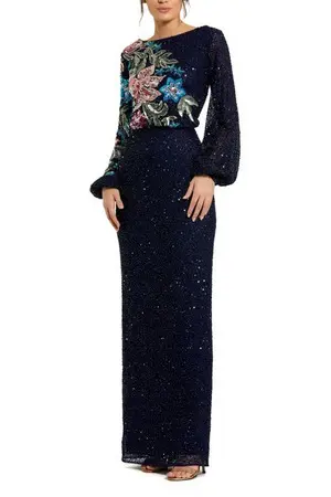 Mac Duggal Embellished Floral High Neck Gown - Midnight