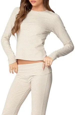 EDIKTED Kaeli Stripe Long Sleeve T-shirt - Beige