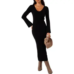 PETAL & PUP Lina V-neck Midi Sweater Dress - Black