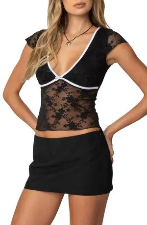 EDIKTED Avi Sheer Lace Crop Top - Black