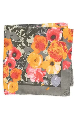 CLIFTON WILSON Floral Silk Pocket Square - Orange