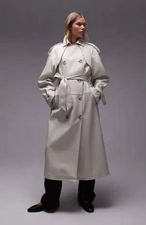 Topshop Belted Faux Leather Trench Coat - Beige