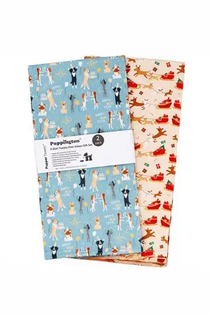 PUPPINGTON Dog Kitchen Towels - Reindogs & New Year Pawty