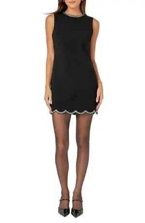 English Factory Rhinestone Scallop Mini Dress - Black