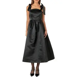English Factory Bow Strap Satin Midi Dress - Black