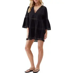 Melissa Odabash Victoria Lace Trim Cotton Cover-up Tunic - Black