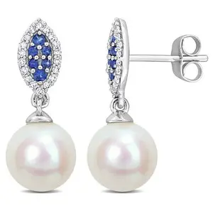 JULIANNA B. 14k Gold Pearl Gemstone & Diamond Drop Earrings - Blue Sapphire