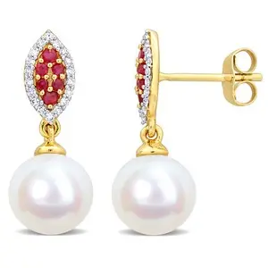 JULIANNA B. 14k Gold Pearl Gemstone & Diamond Drop Earrings - Ruby
