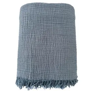Anaya Crinkled Turkish Cotton Oversized Cuddle Blanket Chambray Blue