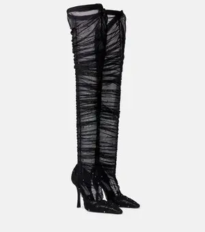 JIMMY CHOO Embellished Tulle Over-the-knee Boots - Black