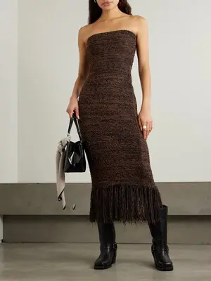 FRAME Strapless Fringed Bouclé Midi Dress