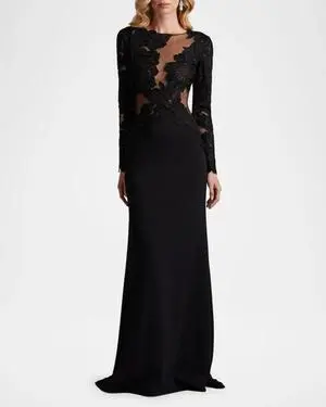 Tadashi Shoji Embroidered Floral Illusion Gown - Blacknude