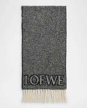 Loewe Logo Fringe Wool-blend Scarf - Black/white