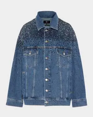 7 For All Mankind Oli Rhinstone Denim Trucker Jacket - Candy