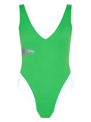 LET'S SWIM Plunging V-neck Shark-print Swimsuit - Green