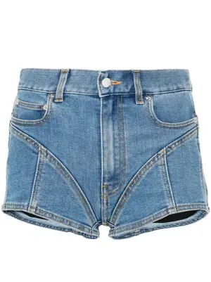 MUGLER Bi-material Denim Shorts - Blue