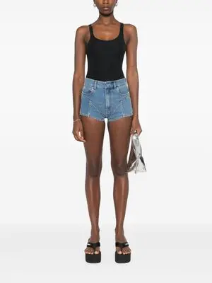 MUGLER Bi-material Denim Shorts - Blue