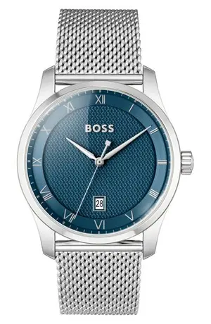 BOSS Principle Mesh Strap Watch - Silver/ Galvanic Blue