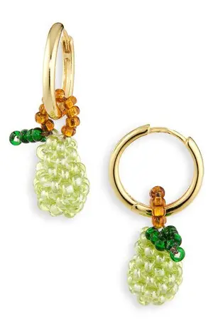 PURA UTZ Beaded Charm Drop Hoop Earrings - Green / Brown