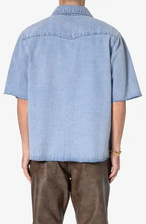 Mnml Oversize Short Sleeve Washed Denim Snap-up Western Shirt