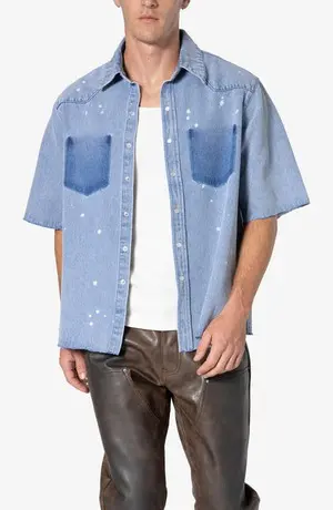 Mnml Oversize Short Sleeve Washed Denim Snap-up Western Shirt