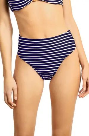 Robin Piccone Parker Stripe Rib Bikini Bottom - Navy/ White