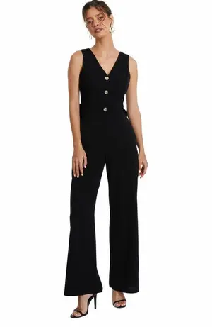 QUIZ Button-front Jumpsuit With Open Back Detail - Black