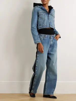 Alaïa Studded Jersey-trimmed High-rise Wide-leg Jeans