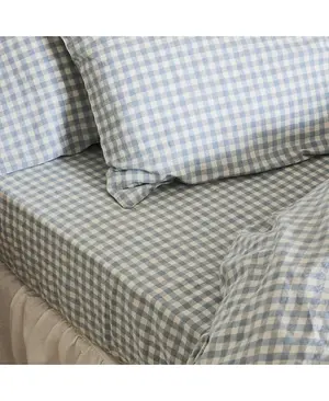 PIGLET IN BED Gingham Linen Blend Fitted Sheet - Warm Blue Gingham