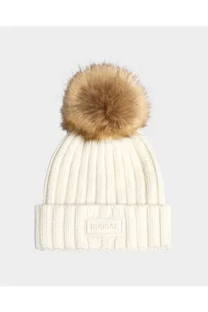 Rudsak Knit Beanie With Faux Fur Pom Pom - White