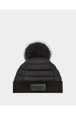 Rudsak Quilted Puffer Hat With Faux Fur Pom - Black