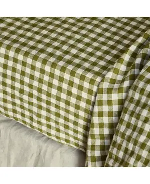 PIGLET IN BED Gingham Linen Fitted Sheet, Queen Light Botanical Green Gingham