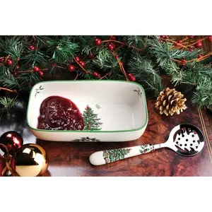 SPODE Christmas Tree Cranberry Server With Slotted Spoon