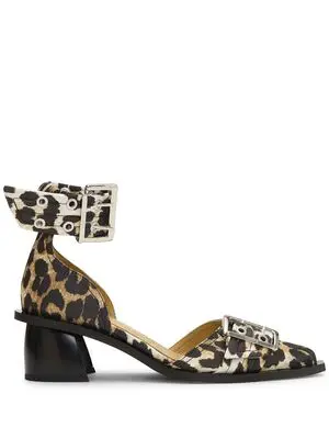 GANNI Leopard-print Buckle Strap Heeled Pumps - Brown
