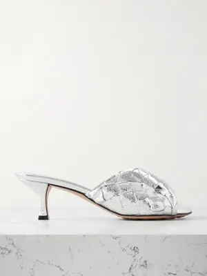 Bottega Veneta Blink Twisted Intrecciato Metallic Leather Mules - Silver