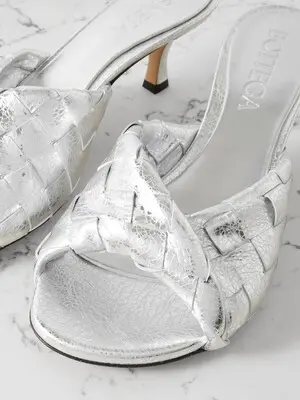 Bottega Veneta Blink Twisted Intrecciato Metallic Leather Mules - Silver