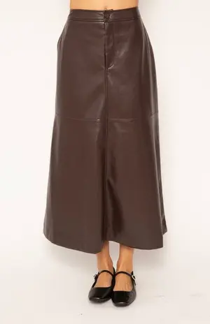 Central Park West Beatrix Vegan Leather Midi Skirt - Chocolate