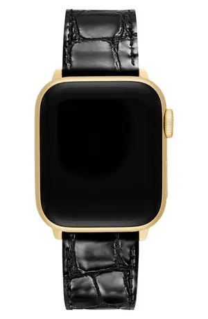 Michele Croc Embossed Leather 20mm Apple Watch® Band - Black Gold