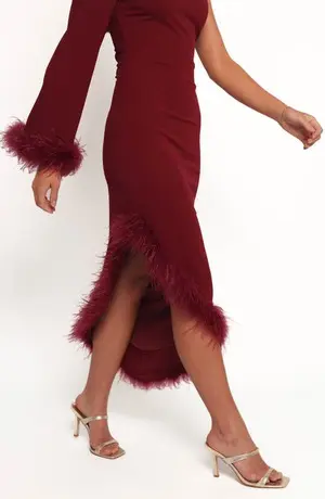PETAL & PUP Dame Feather Trim Midi Dress - Deep Wine