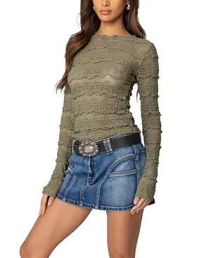 EDIKTED Daisey Textured Sheer Lace Top - Olive