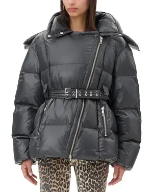GANNI Black Shiny Nylon Puffer Jacket With Belt - Black Sand