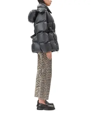 GANNI Black Shiny Nylon Puffer Jacket With Belt - Black Sand