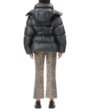 GANNI Black Shiny Nylon Puffer Jacket With Belt - Black Sand