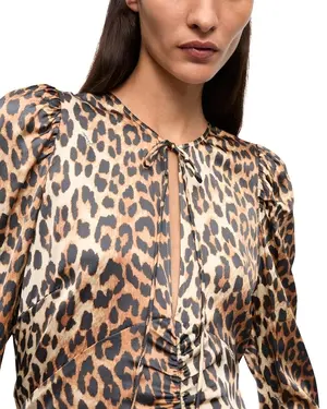 GANNI Printed Ruched Midi Dress - Leopard