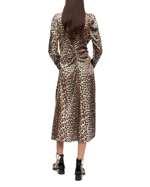 GANNI Printed Ruched Midi Dress - Leopard
