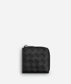 BOTTEGA  VENETA Intrecciato Square Zip Around Wallet - Black/madder Brown