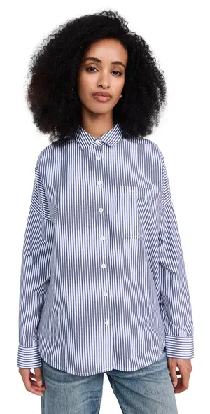 ALEX MILL Striped Paper Poplin Shirt - Navy/white