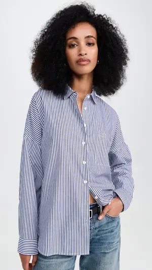 ALEX MILL Striped Paper Poplin Shirt - Navy/white