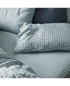 PIGLET IN BED Gingham Linen Blend Fitted Sheet - Warm Blue Gingham