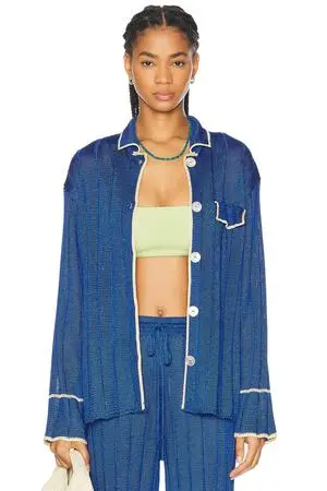 Calle Del Mar Wide Rib Long Sleeve Pajama Shirt In Blue - Lapis & Butter